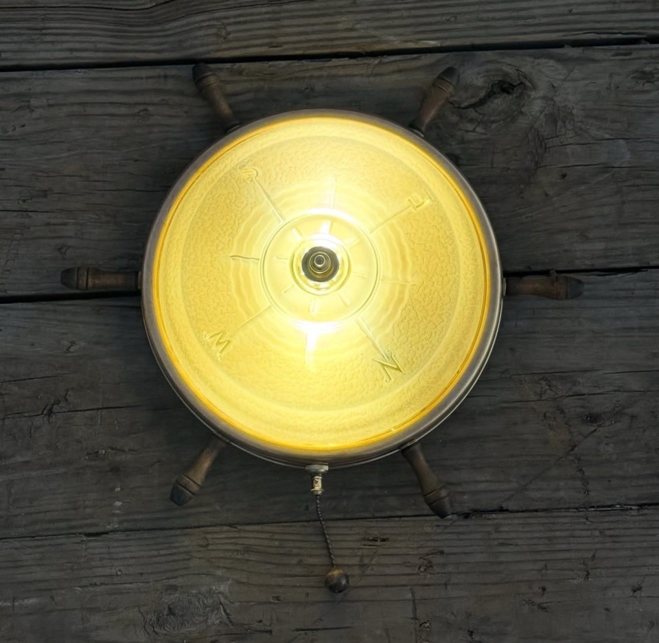 THREE SOLID BRASS 1930s Nautical Ships Wheel Ceiling Light Fixtures ...