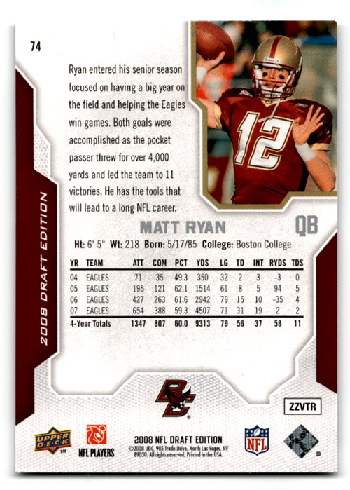 2008 Upper Deck Draft Edition Matt Ryan Rookie Card #74 Combine ...