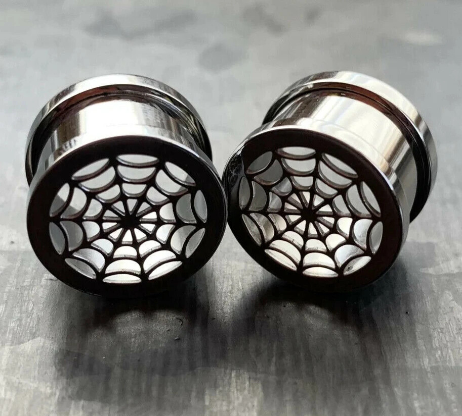 PAIR Spider Web Steel Tunnels Spiderweb Ear Plugs Earlets Gauges | eBay