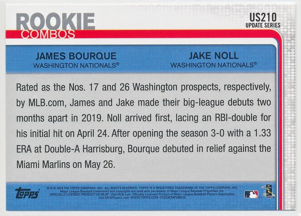 2019 Topps Update Series - Jake Noll - Washington Nationals - RC Combos ...