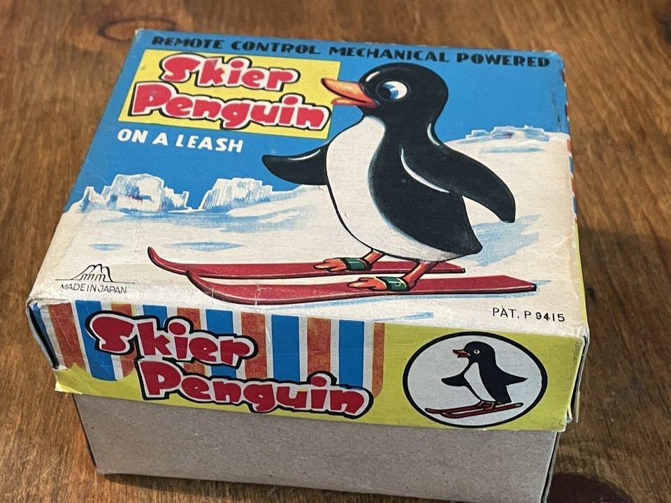 VINTAGE 1950s TIN PLATE WIND UP SKIER PENGUIN IN ITS ORIGINAL BOX ...