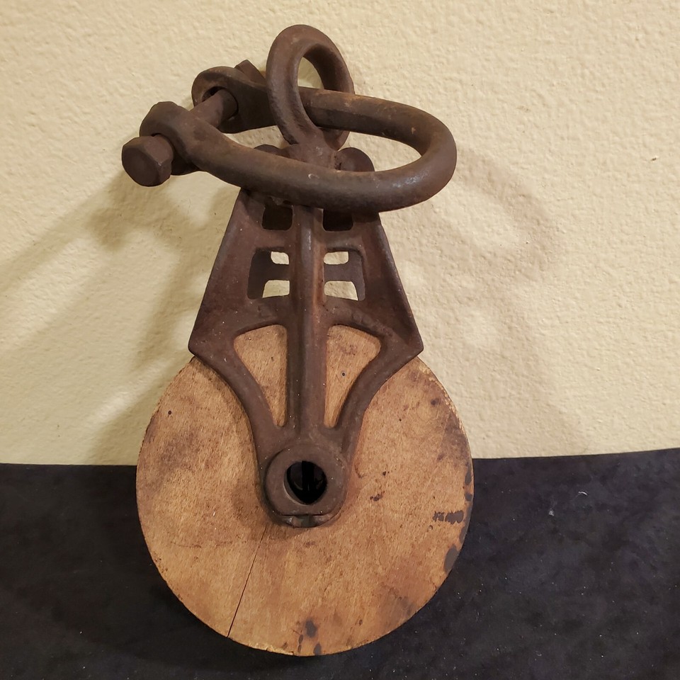 BARN FARM WOOD PULLEY with Cast Iron FRAME Block & Tackle - Nice rusty ...