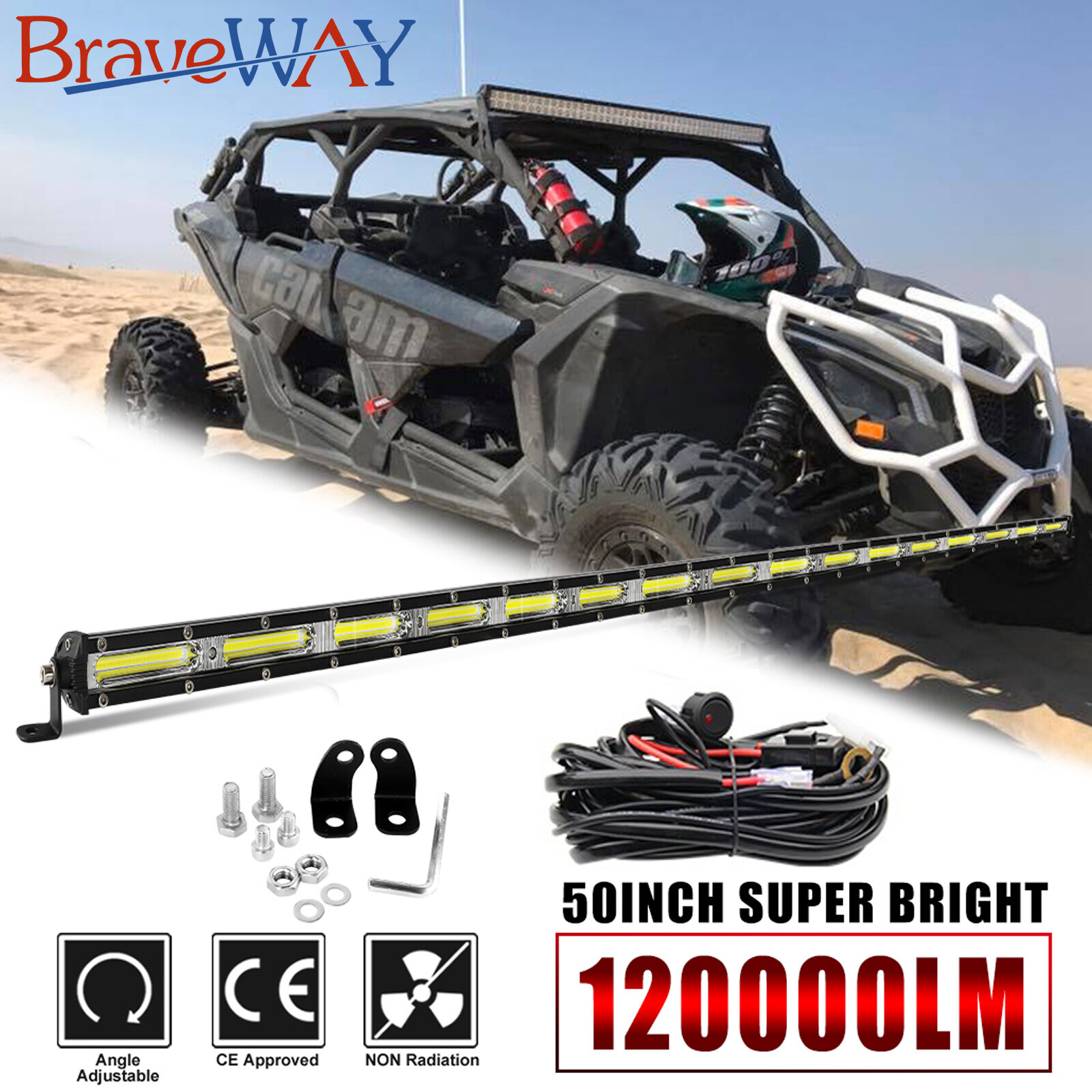 Fit Can-am Maverick X3 DS RS MAX Slim 50" LED Light Bar Upper Roof ...