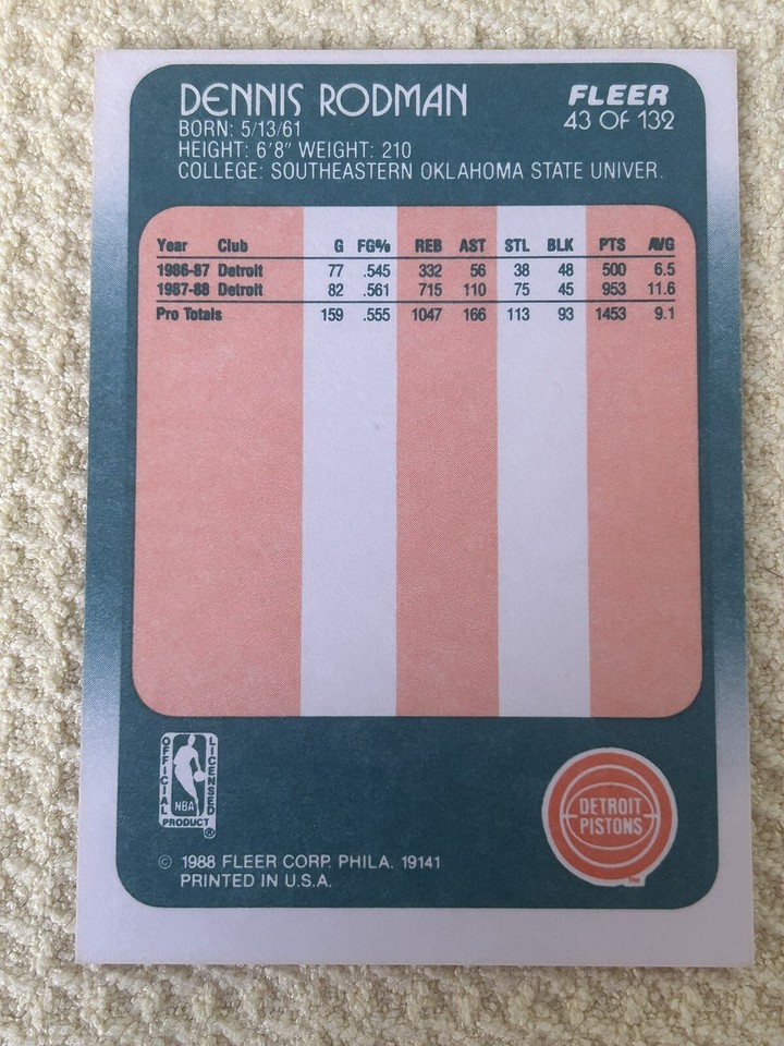 1988-89 Fleer Dennis Rodman Rookie Card RC #43 Detroit Pistons | eBay