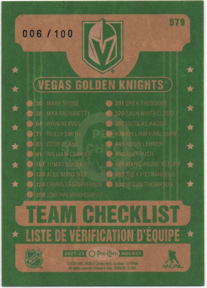 VEGAS GOLDEN KNIGHTS 2021-22 O-Pee-Chee OPC Retro Black Border /100 ...