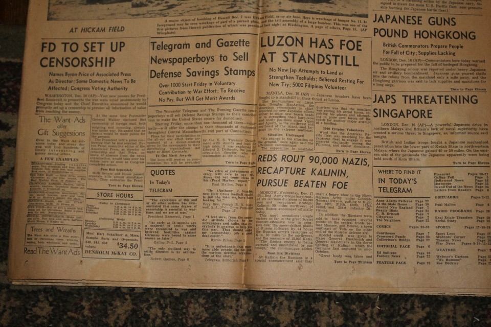 December 17, 1941 Worcester Telegram Newspaper Japanese Shell Two ...
