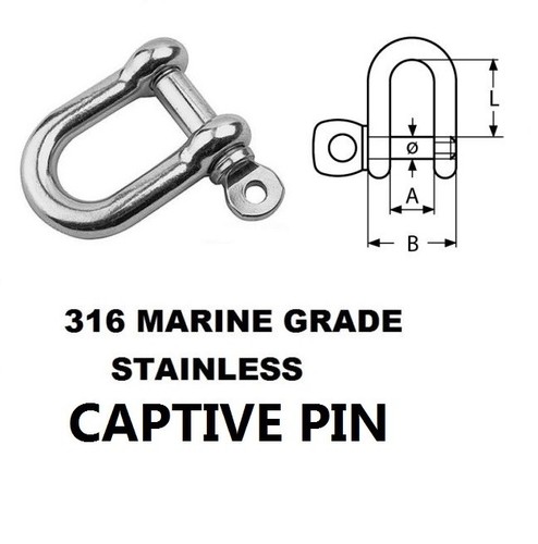 Qty 20 D Shackle Captive Pin M8 (8mm) x 32mm Marine Stainless A4 70 ...