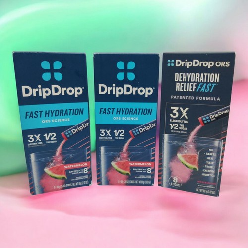 3x DripDrop Fast Hydration ORS Electrolyte Drink Mix Watermelon 8 Sticks Per Box | eBay