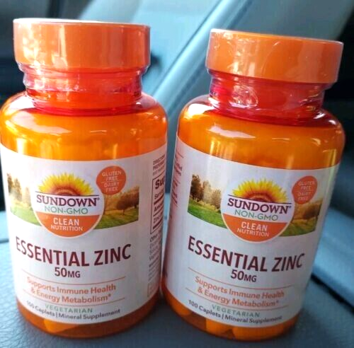 (NEW) 2 Sundown Essential ZINC 50mg 100 caplets (Exp 4/2026) Fast Free ...
