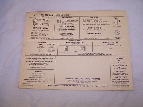 Vintage Sun Diagnostic/Spec Sheet 1966 FORD MUSTANG 289 "K" CODE HIPO ...