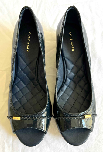 Cole Haan Grand OS Navy Blue Patent Leather Peep-Toe Wedge Size 7.5 ...