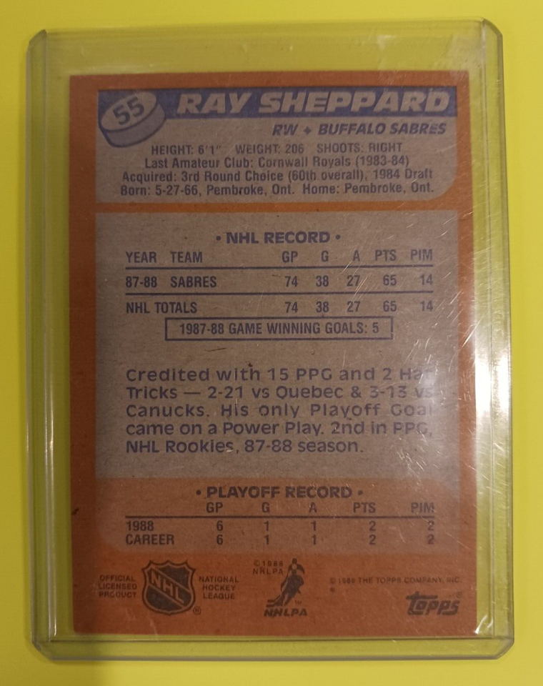 1988-89 TOPPS RAY SHEPPARD VINTAGE SABRES NHL ROOKIE RC HOCKEY CARD #55 ...