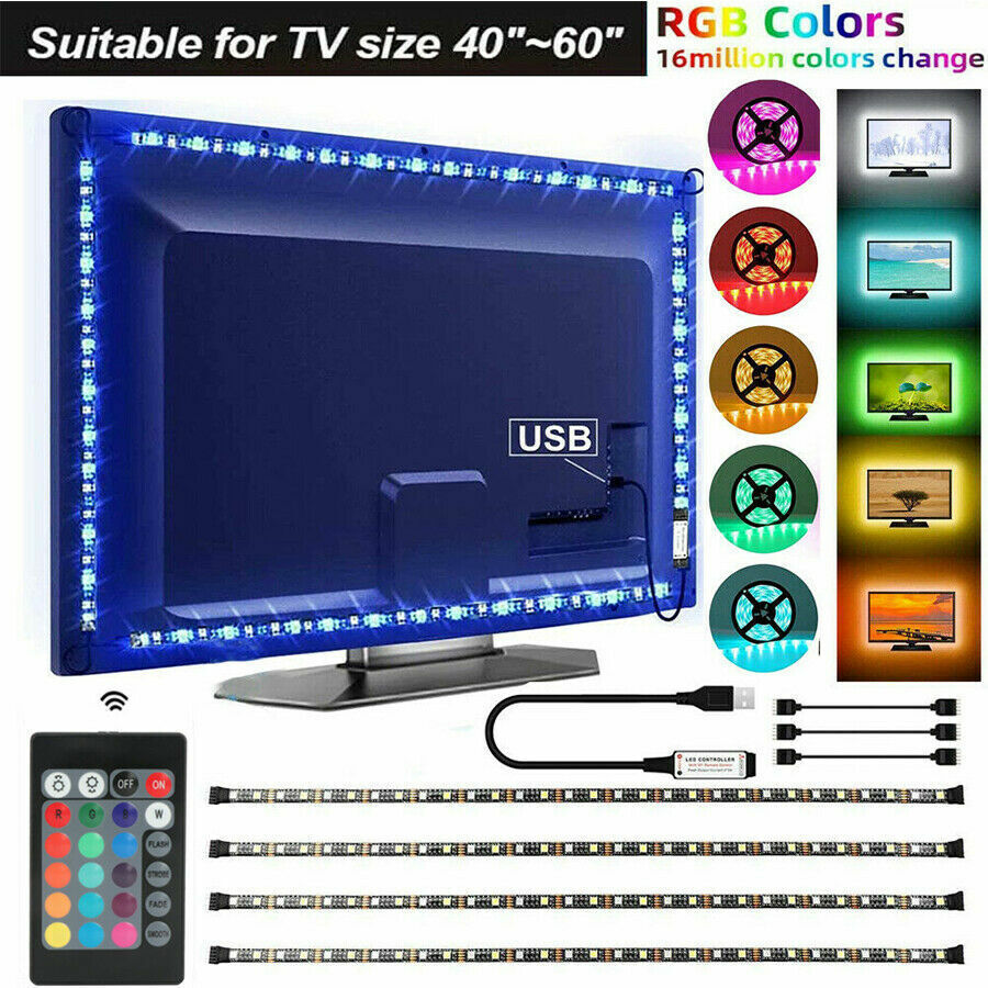 USB TV Backlight LED Strip Lights 5050 RGB Lighting 4 Strips + Remote ...