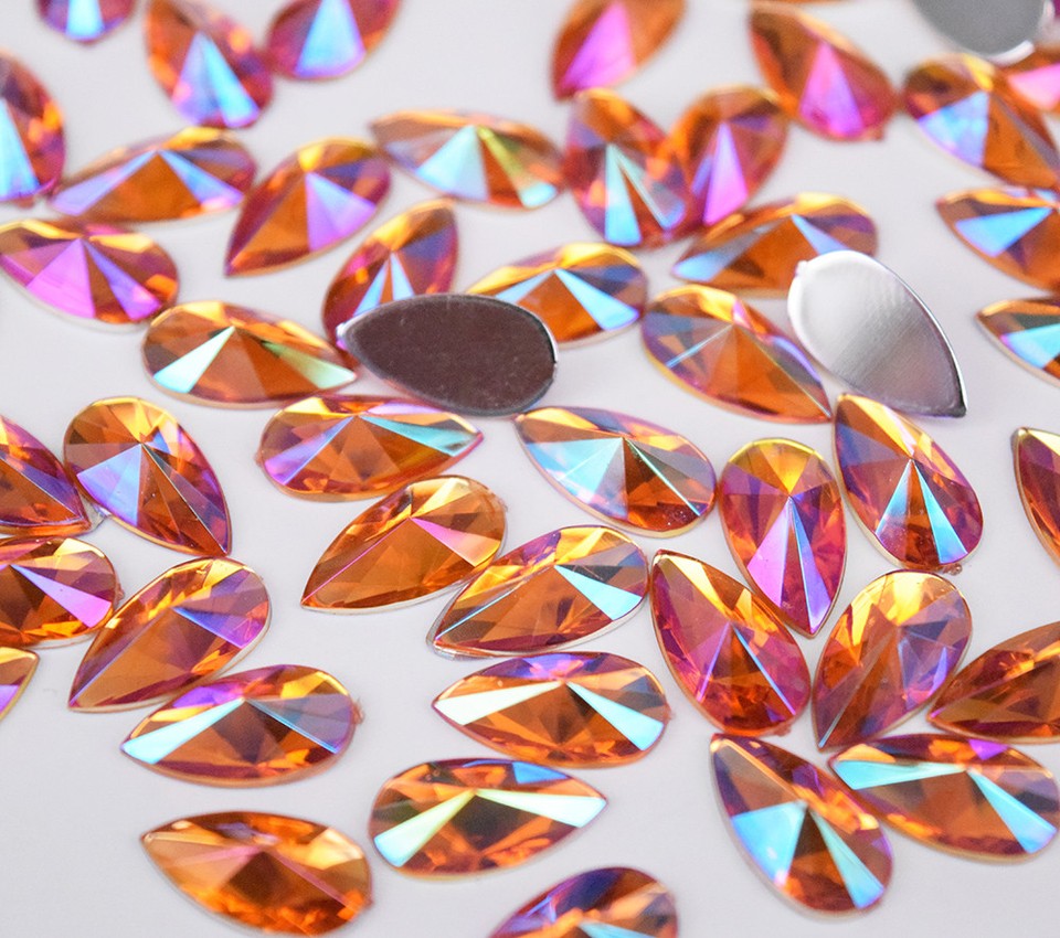 100 pcs Acrylic Rhinestone Teardrop Color AB Flat Back Jewels Faceted ...