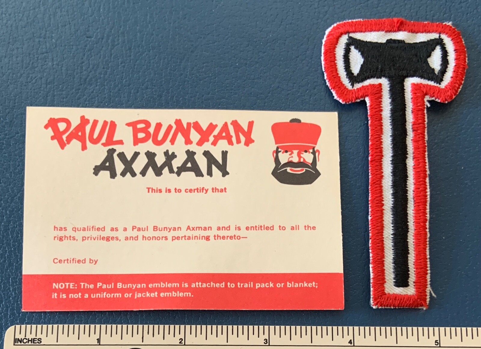 VTG 1970s PAUL BUNYAN AXMAN Boy Scout Certificate CARD & PATCH BSA Camp ...