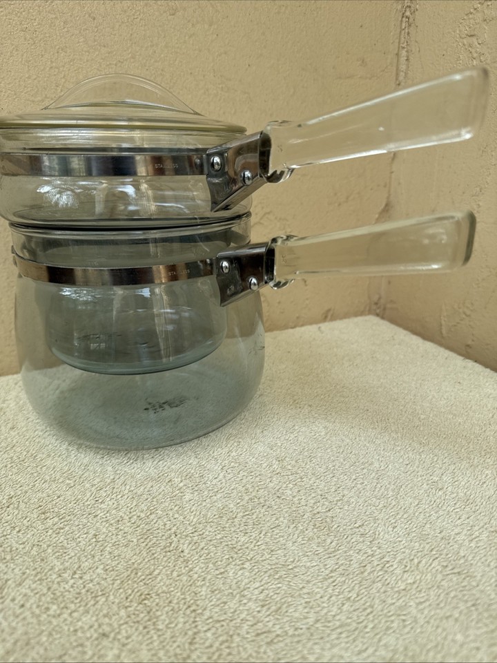 Vintage PYREX Flameware BLUE GLASS Double Boiler Pots 6763-U 6763-L Fin ...
