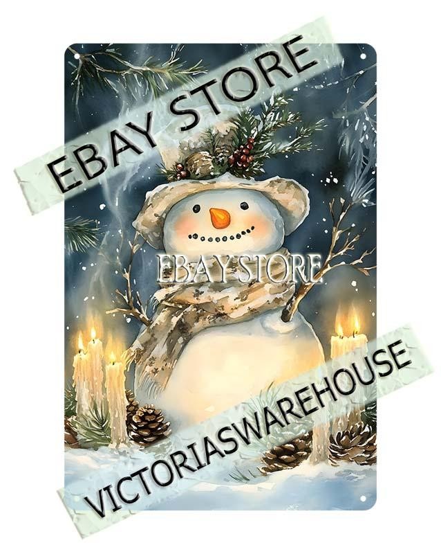 Snowman Tin Sign Candle Path Night home garden wall | eBay