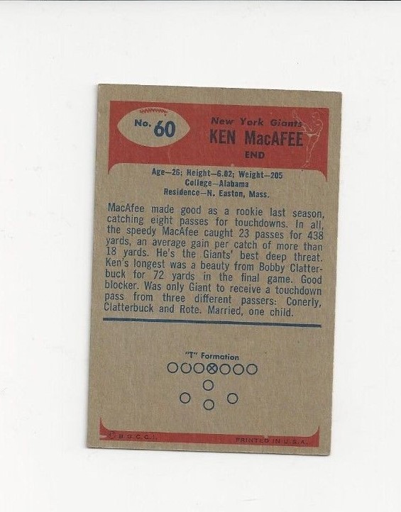 1955 BOWMAN FOOTBALL KEN MACAFEE CARD # 60 N.Y. GIANTS ALABAMA CRIMSON ...