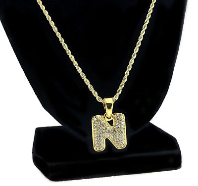 14K Gold Plated Micro Letter N Rope Chain Iced Initial Simulated CZ ...