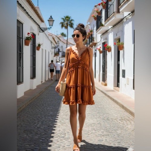 IRIS Rust Orange Ruffle Mini Dress Size M – Boho Flowy Summer | eBay