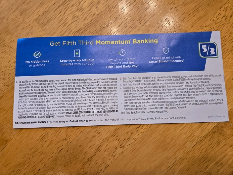 5/3 Fifth Third Bank $600 BONUS Coupon with NEW Checking Account exp ...