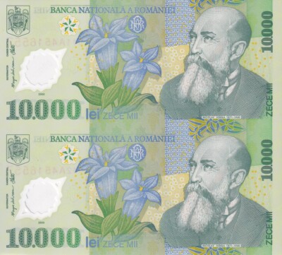 Romania 10000 Lei 2001 P 112b Polymer UNC (UNCUT 2 in 1 ) Banknote ...