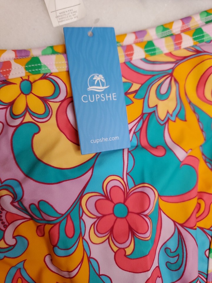 NWT Cupshe Two Piece Swimsuit Size Medium Floral Blue Green Orange Pink ...