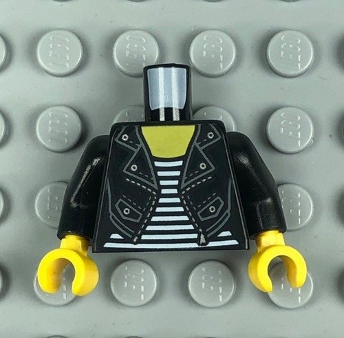 LEGO Minifigure Torso Female Black Leather Jacket White Striped Shirt ...