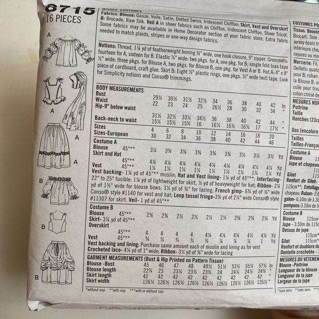 Simplicity 8715 Renaissance Costume Collection 1999 Sewing Pattern Size ...