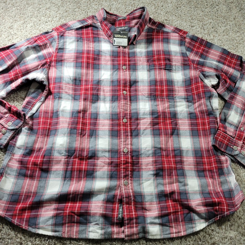 Eddie Bauer Flannel Shirt Mens 2XL Red Gray Plaid Long Slv Button Up ...