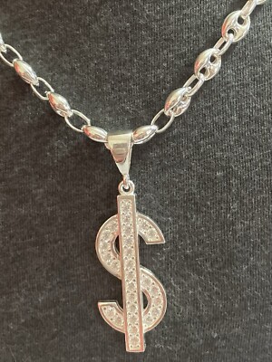 20” Sterling Silver Gucci Puff Chain & Sterling Silver & CZ Dollar Sign ...