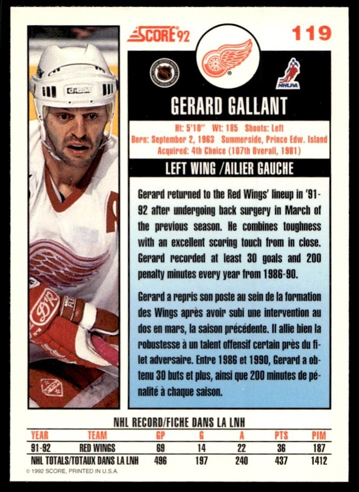 1992-93 Score Gerard Gallant Detroit Red Wings #119 | eBay