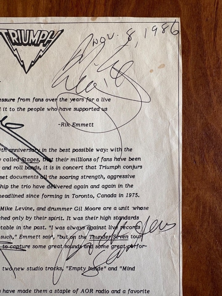 1986 RIK EMMETT & TRIUMPH BAND SIGNED MCA RECORDS PROMO FLYER FOR ...