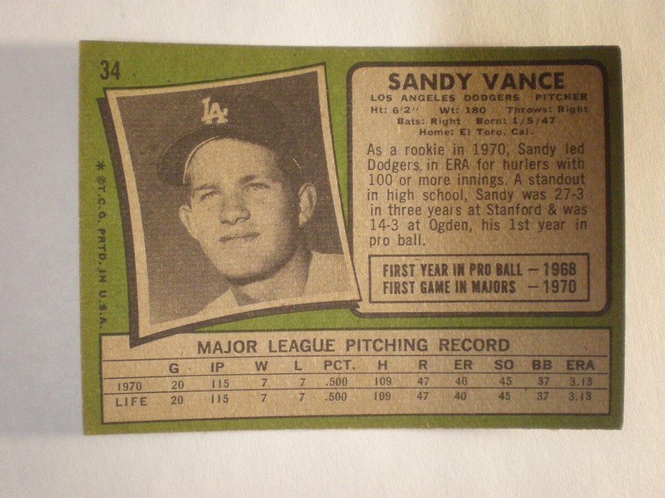 1971 Topps Baseball Dodgers Sandy Vance Card # 34 | eBay