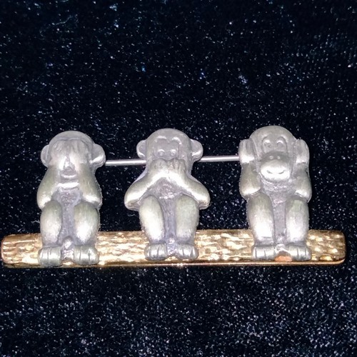 Three Wise Monkeys Vintage 80s Brooch Pin Silver & Gold See Speak ...