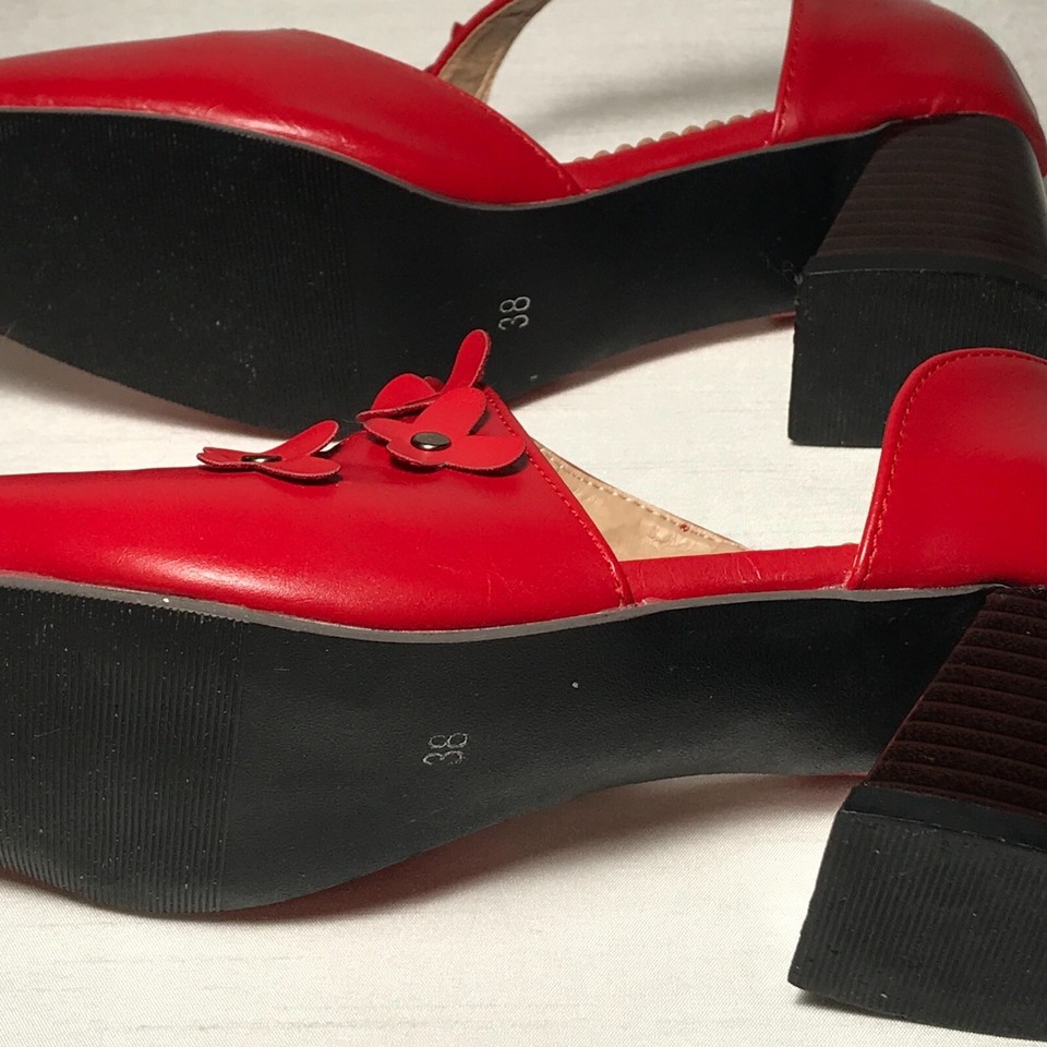 Vintage 90s Red Pumps Shoes Chunky Heel Square Toe Cross Strap Flowers ...