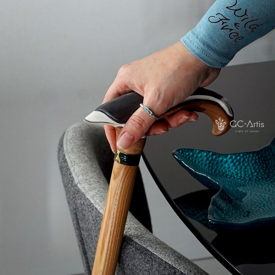 Wooden Walking cane stick Whale Dolphin light Wood Carved Handpainted ...