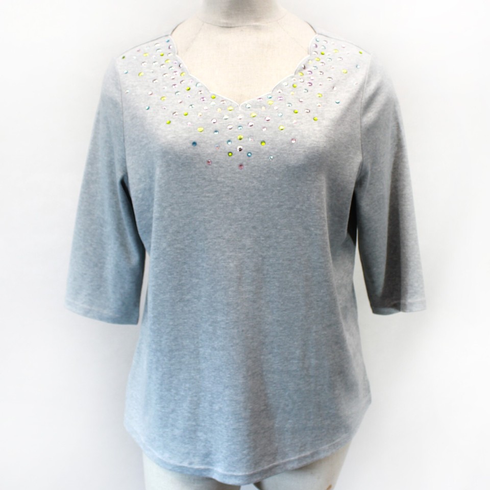 Quacker Factory Plus Gray V-Neck Beaded Studs Tunic Top Sweatshirt 1X ...
