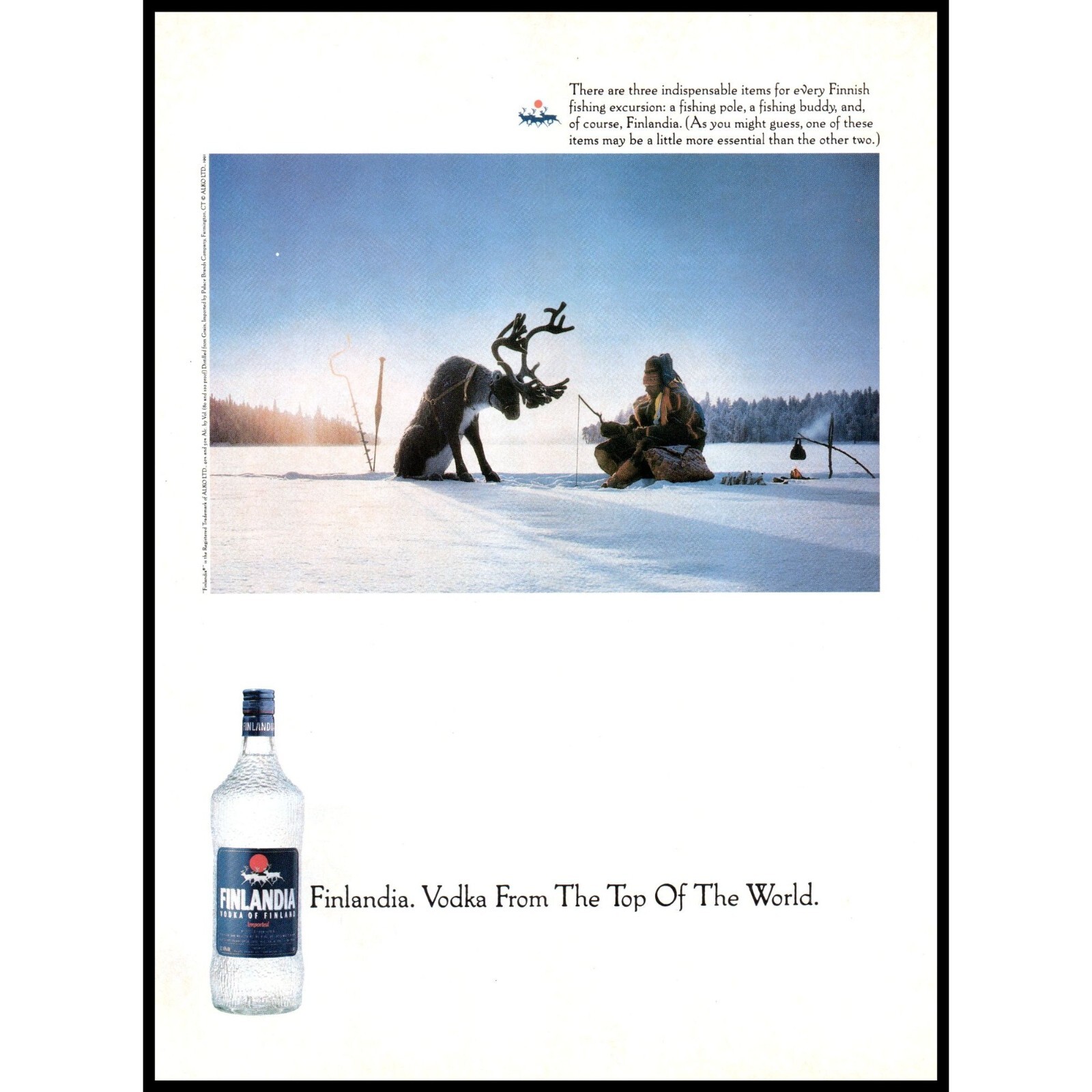 1992 Finlandia Vodka Reindeer Ice Fishing Vintage Print Ad Frozen Lake ...
