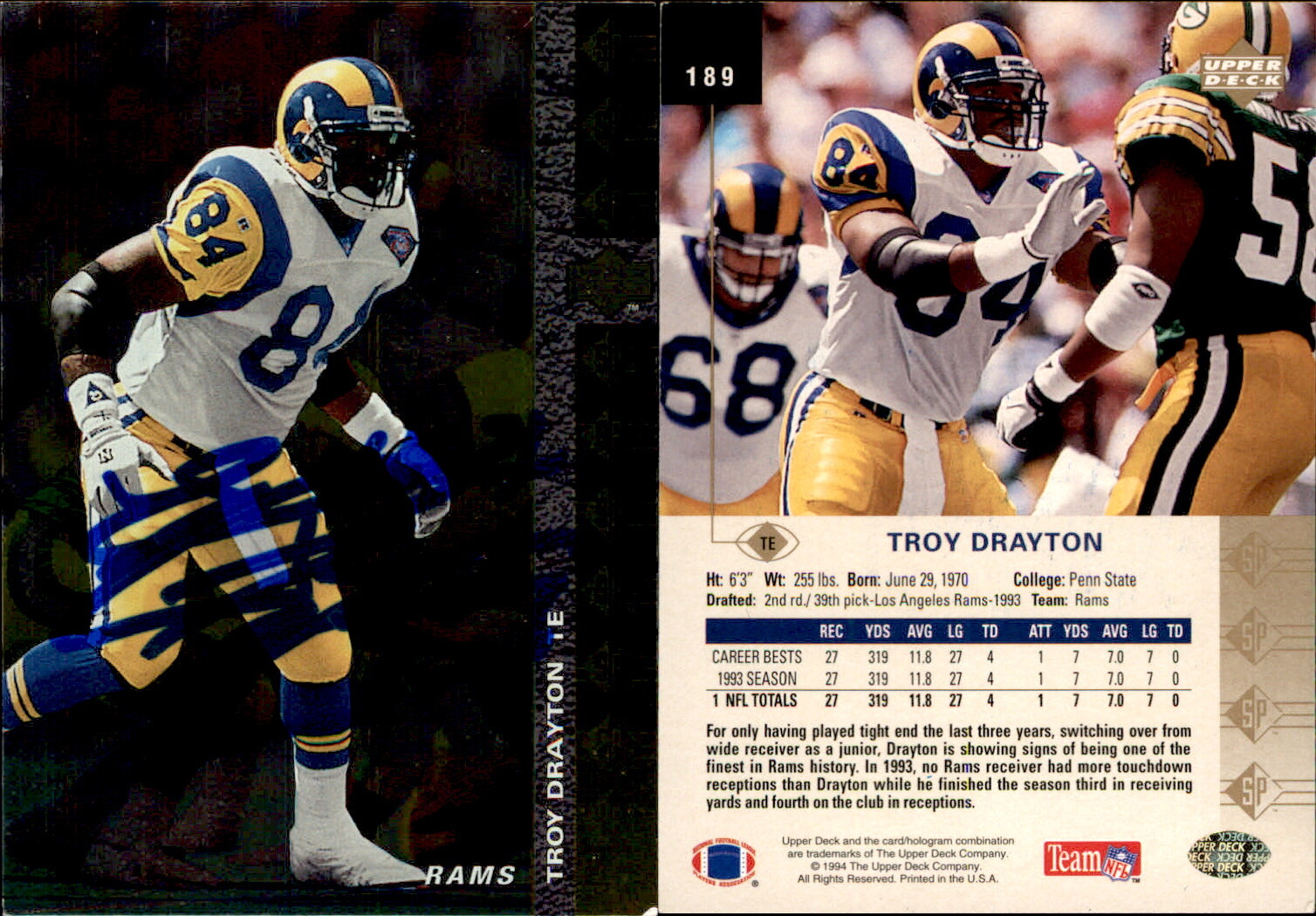 Troy Drayton Signed 1994 SP #189 Card Los Angeles Rams Auto | eBay