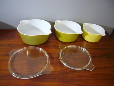 Vintage Pyrex 6 Pc 3 Bowl w Lid Set 475B 474 473 Solid Yellow Green ...