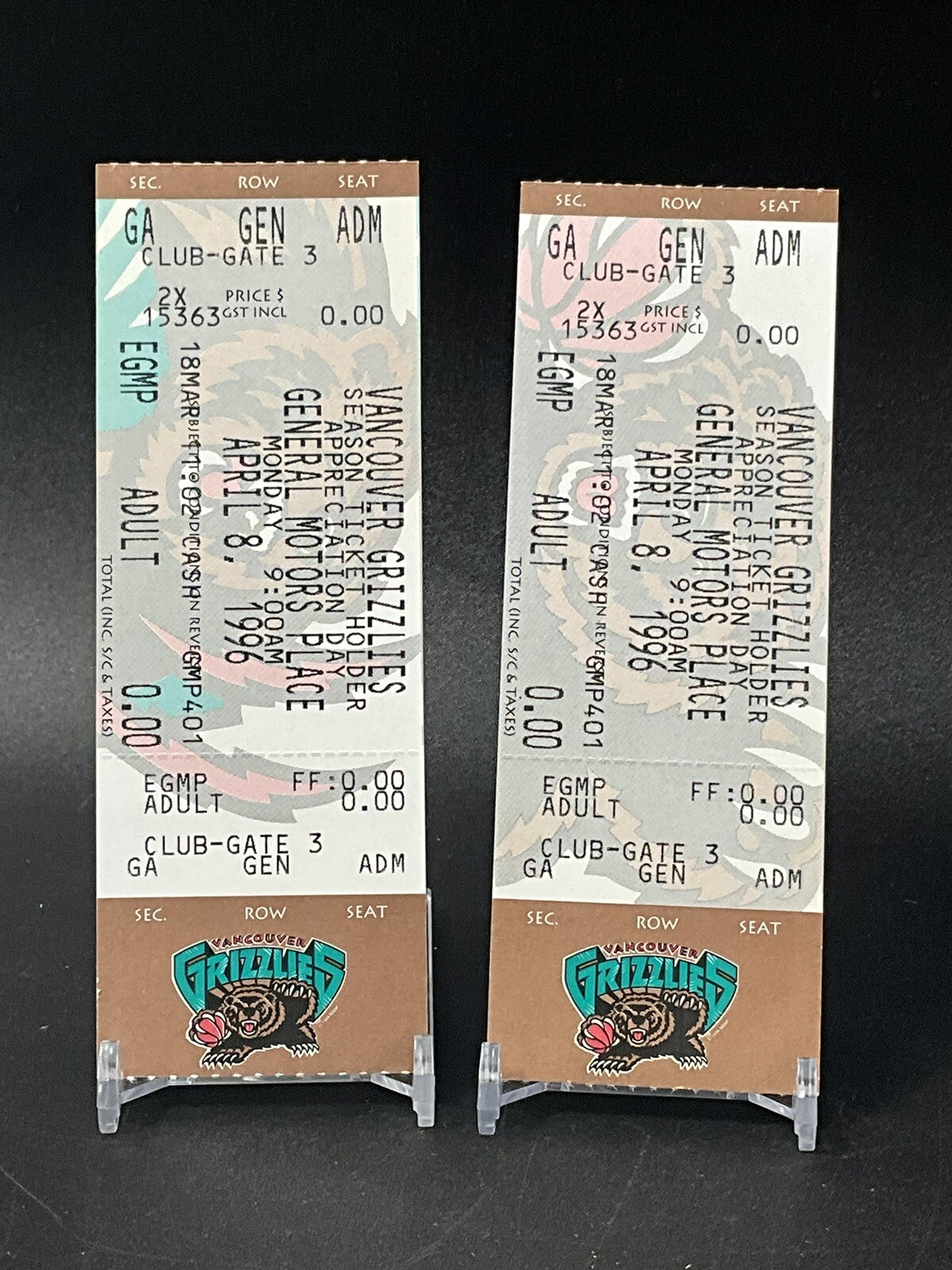 RARE VANCOUVER GRIZZLIES UNUSED TICKETS FAN APPRECIATION DAY FIRST YEAR ...