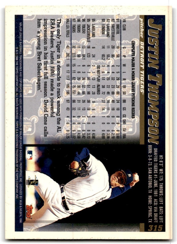 1998 Topps Baseball Card Justin Thompson Detroit Tigers #315 | eBay