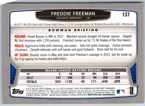2014 Bowman Freddie Freeman #137 Baseball Card | eBay