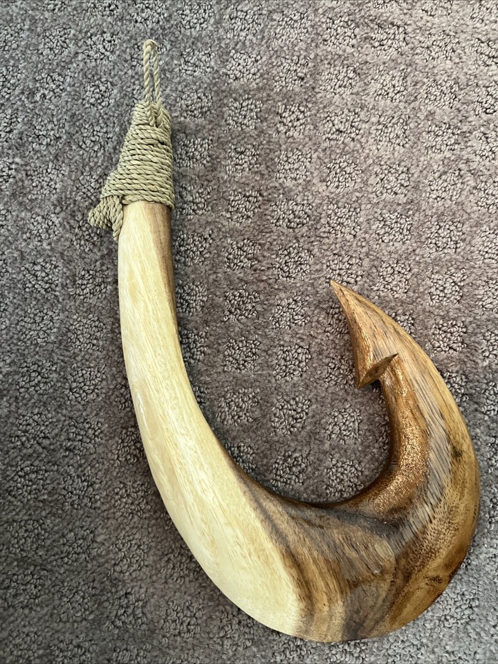 Hawaiian Fish Hook Hand Carved Wood Hanging Decoration Wall Art 11” | eBay