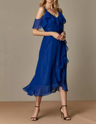 Wallis Blue Metallic Ruffle Midi Dress UK Size 12 | eBay UK