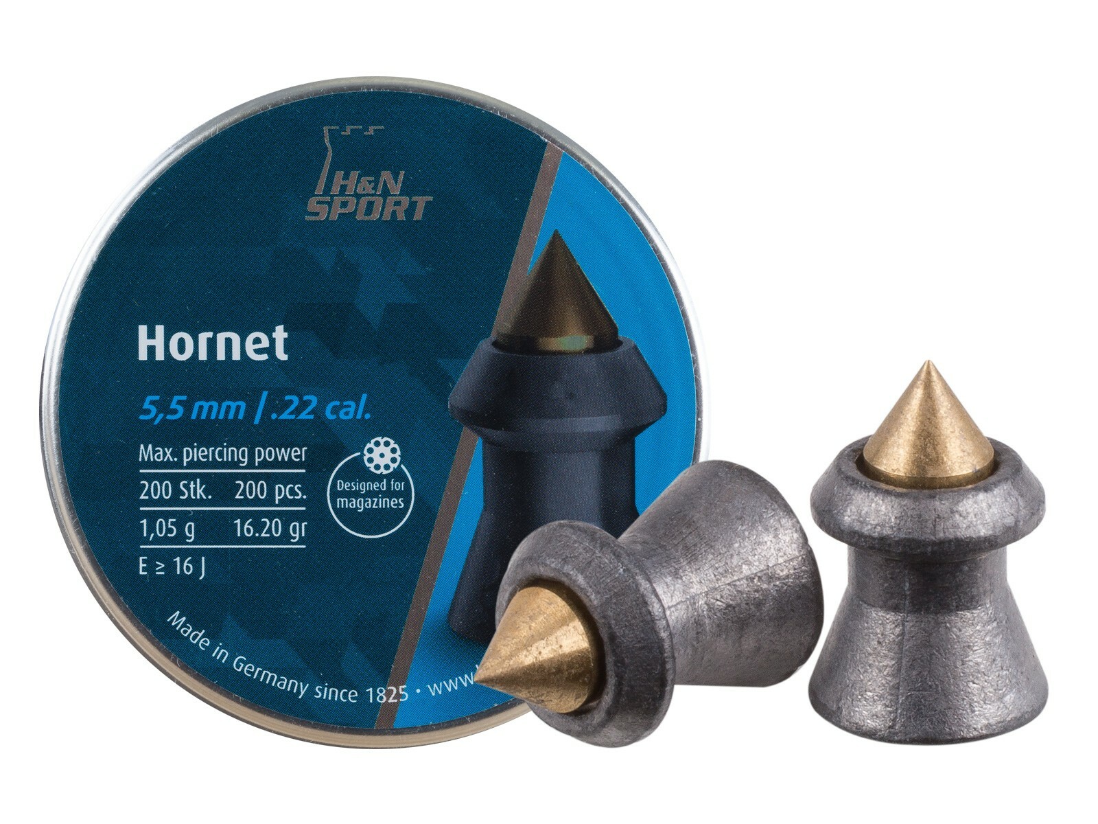 H&N Hornet 200 Count BRASS POINTED 5.5mm .22 Caliber Pellets MADE IN ...
