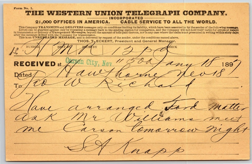 Scarce Vintage 1897 Western Union Telegraph "Have Arraigned Ford Matter ...
