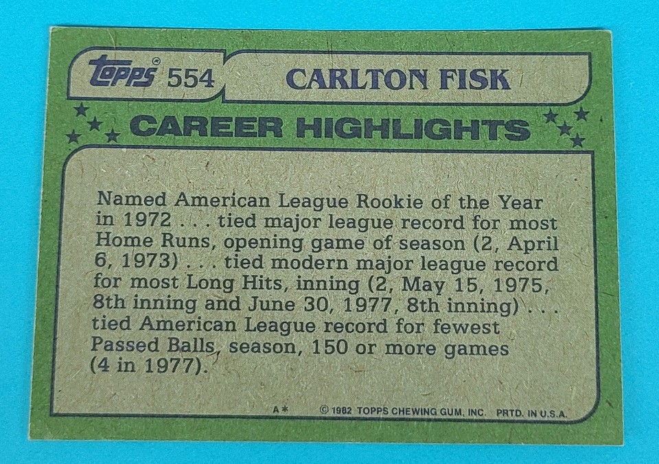 1982 Topps Blackless #554 Carlton Fisk Chicago White Sox BASEBALL Card ...