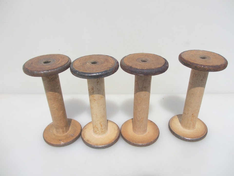 Vintage Wooden Industrial Textile Bobbins Metal Rims x1 Factory Bobbin ...